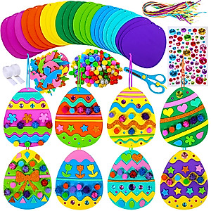 24 Sets Easter Egg Ornaments Decorations DIY 3D Easter Craft Kits Assorted Egg Shaped Foam Cutouts Easter Foam Stickers Pom-poms for Kids Party Favors Easter Spring Classroom Activity Art Project