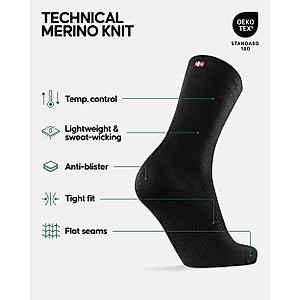 DANISH ENDURANCE Merino Wool Hiking Liner Socks, Thermal, Anti-Blister for Men and Women 2- Pack, Black, Medium