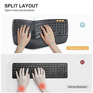 ProtoArc Wireless Ergonomic Keyboard, EK01-NL Ergo Bluetooth Keyboard, Split Design, Palm Rest, Natural Typing, Multi-Device, Rechargeable, Windows/Mac/Android (Basic Version)