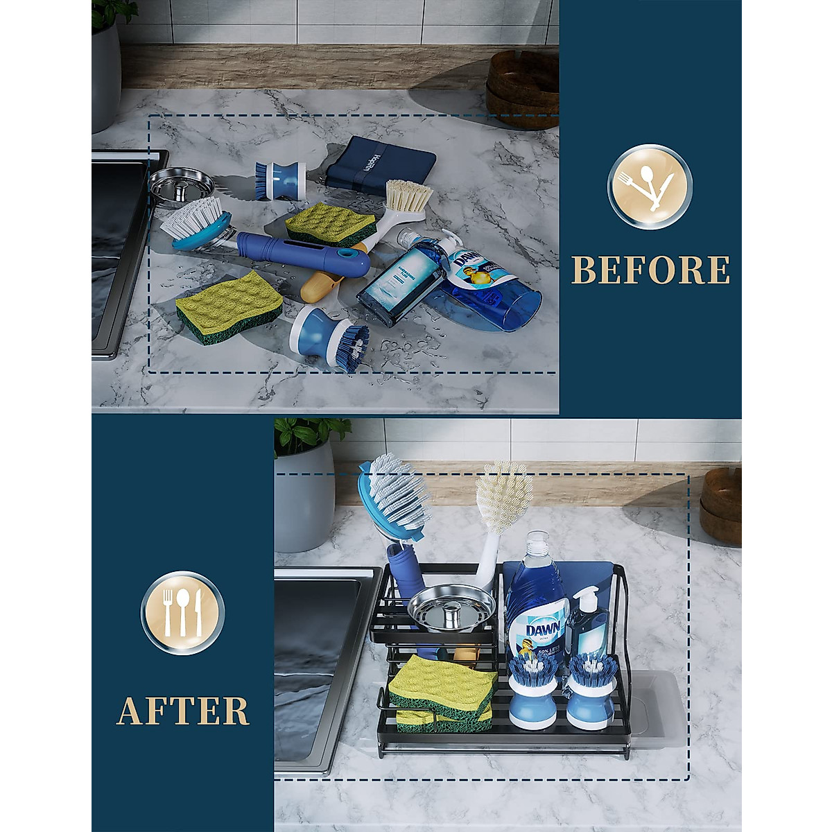 Consumest 5 in 1 Kitchen Sink Organizer with Removable Drain Tray, Quick Draining Kitchen Sink Caddy Rustproof Stainless Steel Sink Sponge Holder for Sponge, Cleaning Towel, Scrubber, Black