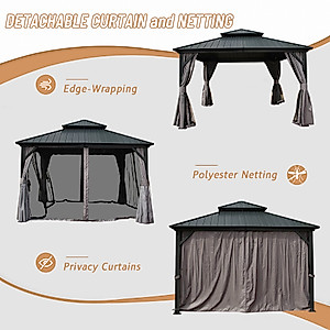 Domi 12' x 12' Hardtop Gazebo Permanent Aluminum Metal Gazebo with Galvanized Steel Double Roof Canopy, Curtains, and Netting for Patio, Backyard, Deck, Lawn