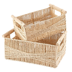 HNFNGSZL Wicker Storage Basket, Hand-Woven Baskets for Organizing, Recyclable Paper Rope Basket with Wood Handles, Decorative Basket Organizers for Makeup Books Shelves Living Room, Beige, Set of 2