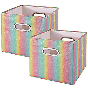 ANMINY 2 PCS Glitter Storage Cubes Shiny Sparkly Colorful Foldable Large Fabric Storage Basket Bin Box Set with Handles Decorative Desktop Closet Shelf Organizer Container - 11x 11x 11 in, Rainbow