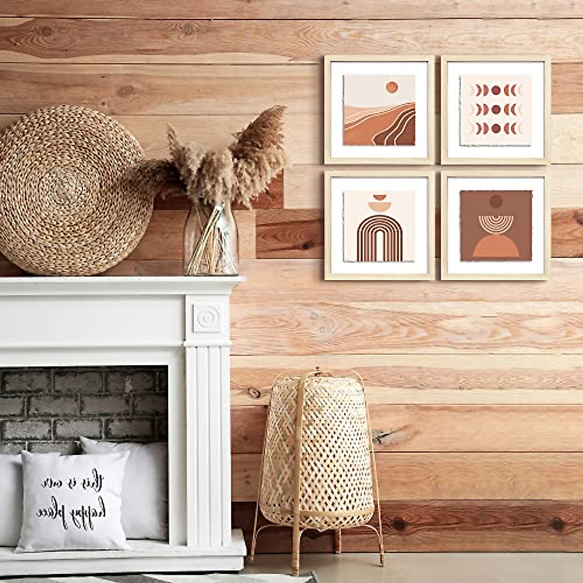 ArtbyHannah 4 Pack 12x12 Framed Boho Wall Art Decor with Decorative Mid Century Art Print Artwork for Gallery Wall or Home Decoration