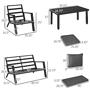 Outsunny 4 Piece Patio Furniture Set, Outdoor Conversation Set with Armchairs, Loveseat, Coffee Table and Cushions for Backyard, Poolside, Lawn and Garden, Black