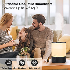 Humidifiers for Bedroom Large Room, Ultrasonic Cool Mist Humidifier Top Fill, 28dB Quiet Baby Air Humidifier with Night Light 7 Color, 28H Diffuser for Plants, Timer, Auto Shut-Off, 2.5L, Black