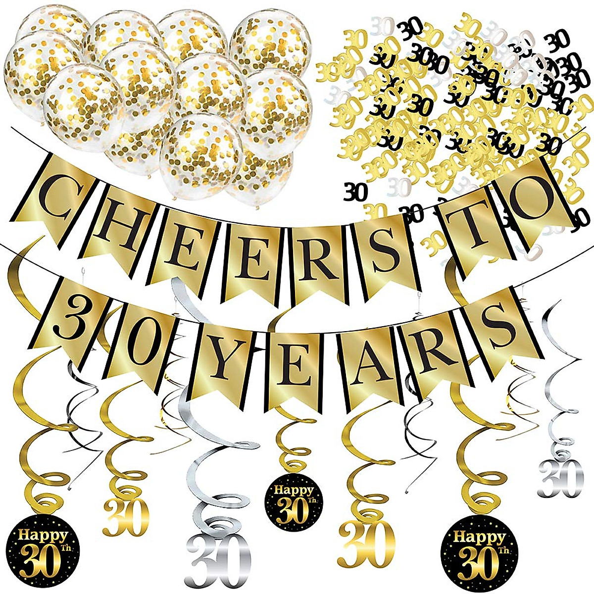 30th Birthday and Anniversary Decorations Party Pack - Cheers to 30 Years Banner, Balloons, Swirls and Confetti Party Supplies