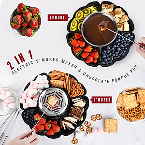 2 in 1 Electric S’mores Maker & Fondue Pot, Tabletop Indoor Smores kit with 4 Roasting Forks, 4 Detachable Trays & 1 Flameless Temperature-controlled Heater, Movie Night Supplies & Housewarming Gifts