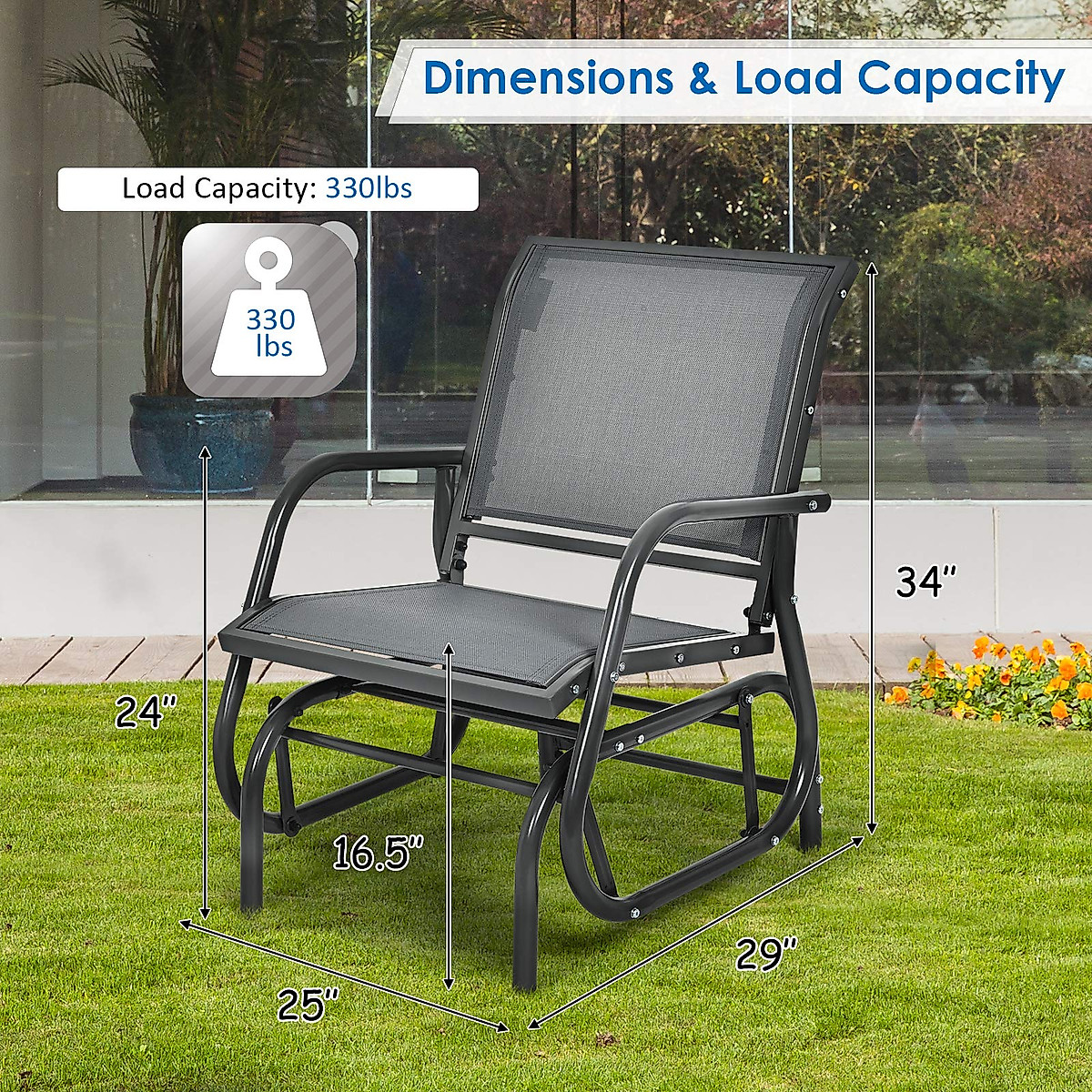 Giantex Swing Glider Chair W/Study Metal Frame Comfortable Patio Chair Love-Seat for Garden, Porch, Backyard, Poolside, Lawn Outdoor Rocking Chair (1, Gray)