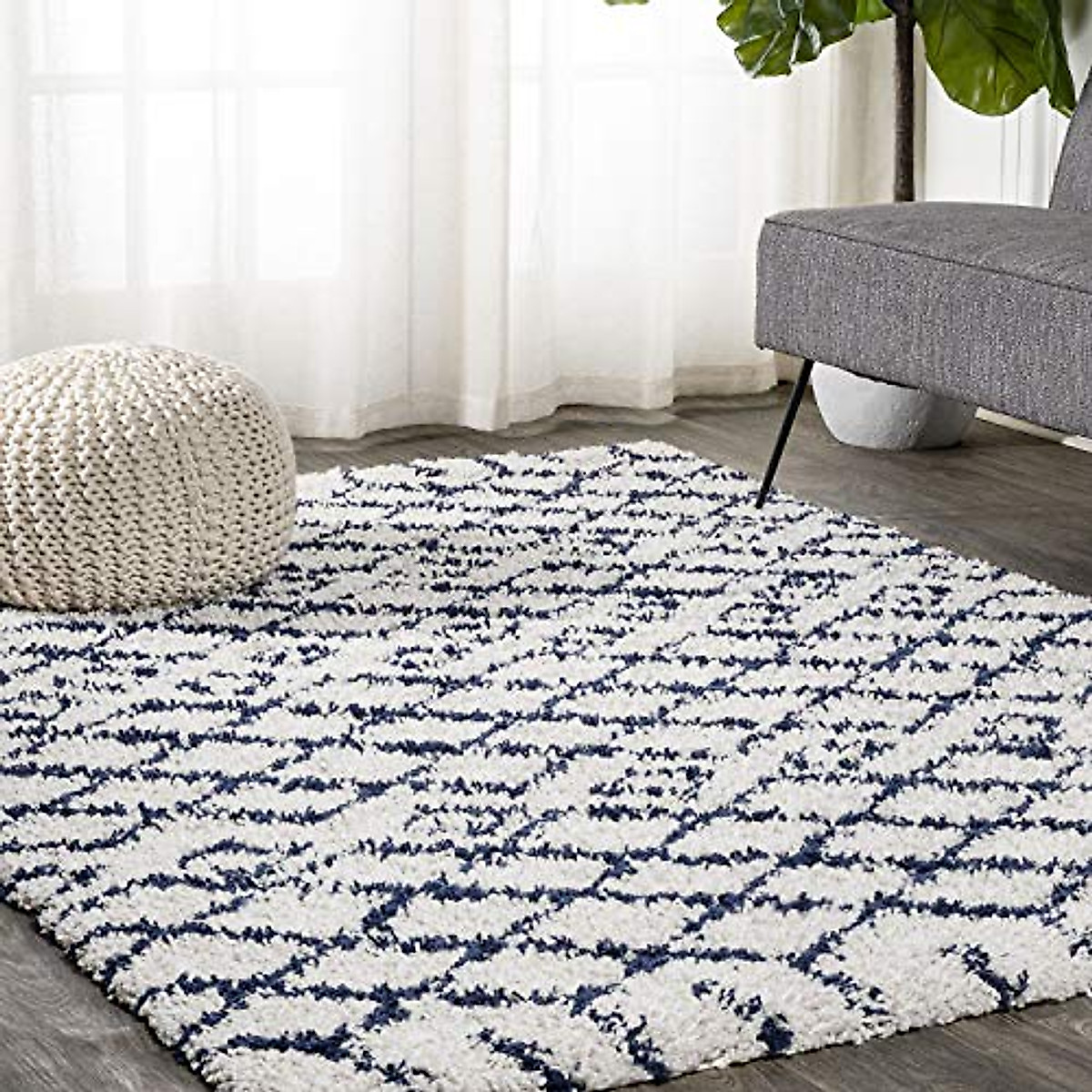 JONATHAN Y SHG104B-8 Sineu Moroccan Diamond Shag Indoor Area-Rug Bohemian Contemporary Modern Geometric Easy-Cleaning High Traffic Bedroom Kitchen Living Room Non Shedding, 8 X 10, Beige/Navy