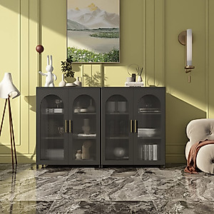 OSEILLC Metal Sideboard Buffet Cabinet with Tempered Glass Doors, Accent Cabinet with Adjustable Shelves, Credenza Cupboard Console Table for Kitchen, Living Room, Dining Room, Bedroom, Hallway