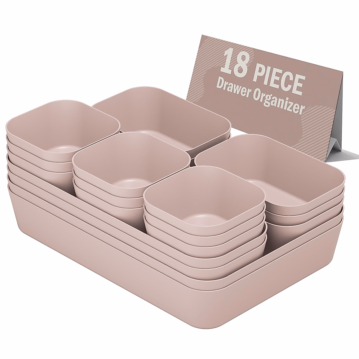 Homhut Plastic Drawer Organizers, 18 PCS Bathroom Drawer Organizer Bins, Desk and Vanity Organizer Plastic Tray, Makeup organizer and storage for Bedroom, Kitchen Gadgets Utensils and Office (Pink)