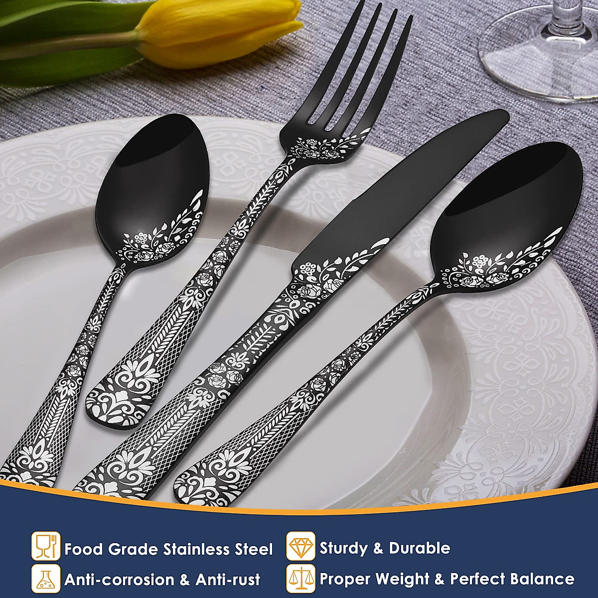 EUIRIO 53-Piece Black Silverware Set with Serving Utensils, Black Flatware Set for 8, Stainless Steel Mirror Cutlery Set, Spoons Forks Knives with Unique Floral Laser, Tableware Set, Dishwasher Safe