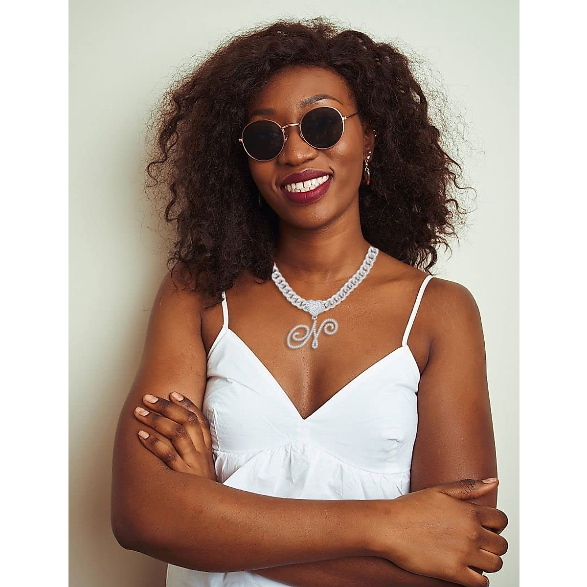 RLMOON Cursive Silver Initial Necklace for Women Miami Iced Out Cuban Chain Choker Necklace Diamond Initial Heart Pendant Letter Necklace Alphabet Hip Hop Jewelry M