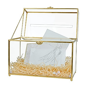 Jajamy Glass Wedding Card Box with Slot, Large Clear Card Box Gold Brass Gift Card Storage Box Perfect for Wedding Receptions, Baby Shower, Birthday Party, Bridal Shower Greeting Card Glass Organizer