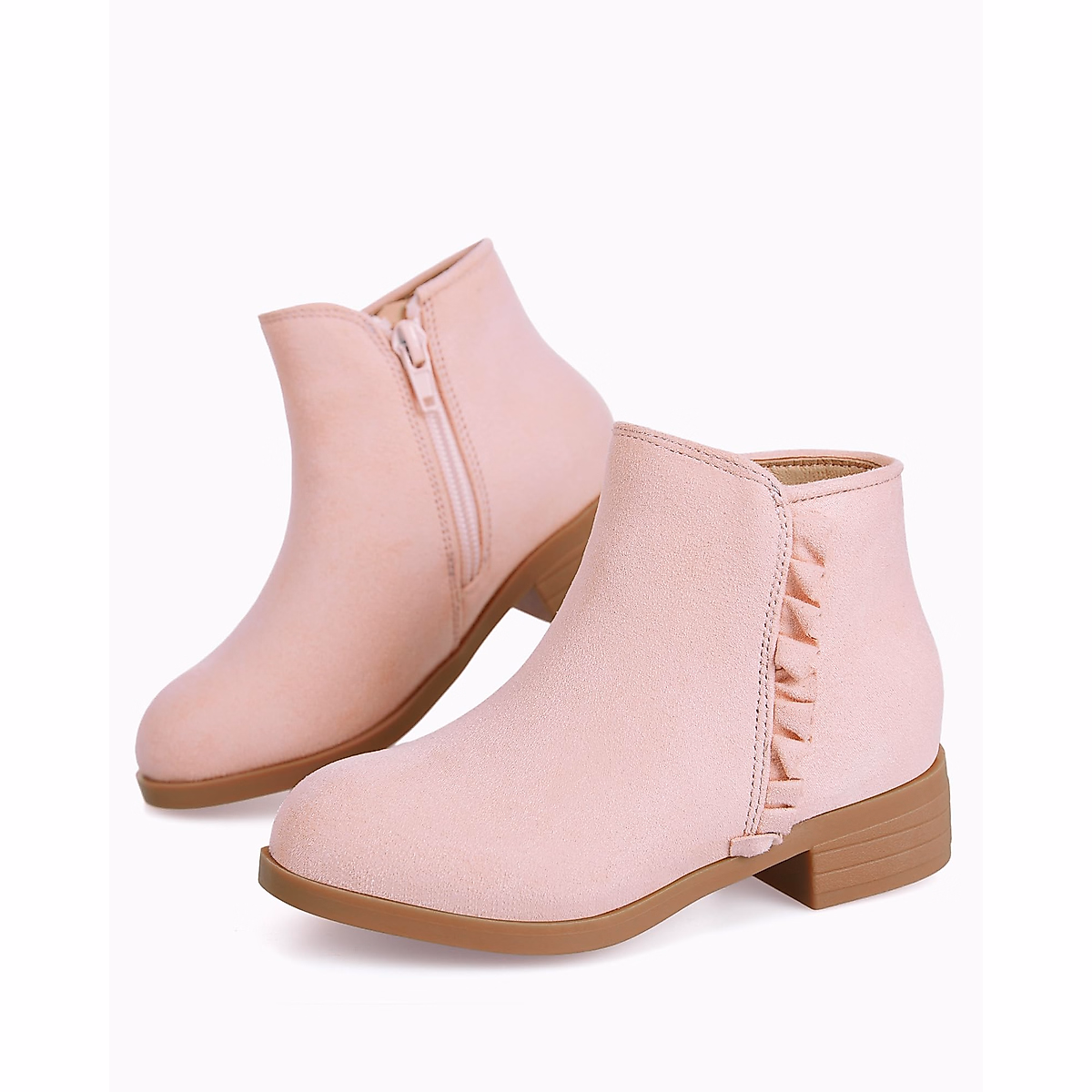 Coutgo Girls Ankle Boots Kids Ruffle Dress Booties Fashion Chunky Side Zip Casual Shoes