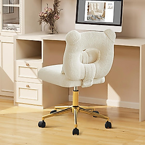 Furnimart Swivel Desk Chair Cute Vanity Chair with Kawaii Backrest & Lumbar Pillow, Armless Comfy Faux Fur Accent Chairs for Bedroom, Makeup Room, Dorm, Teenage Girls (Ivory White)