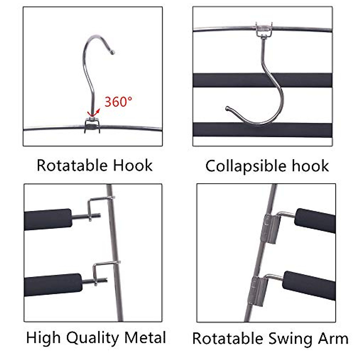 YAKA 2 Pack Clothes Pants Hangers Slacks Hangers Heavyduty 5 Layers Stainless Steel Non-Slip Swing Arm Space Saving Closet Storage Organizer for Pants Jeans Trousers Skirts Scarf Ties Towels