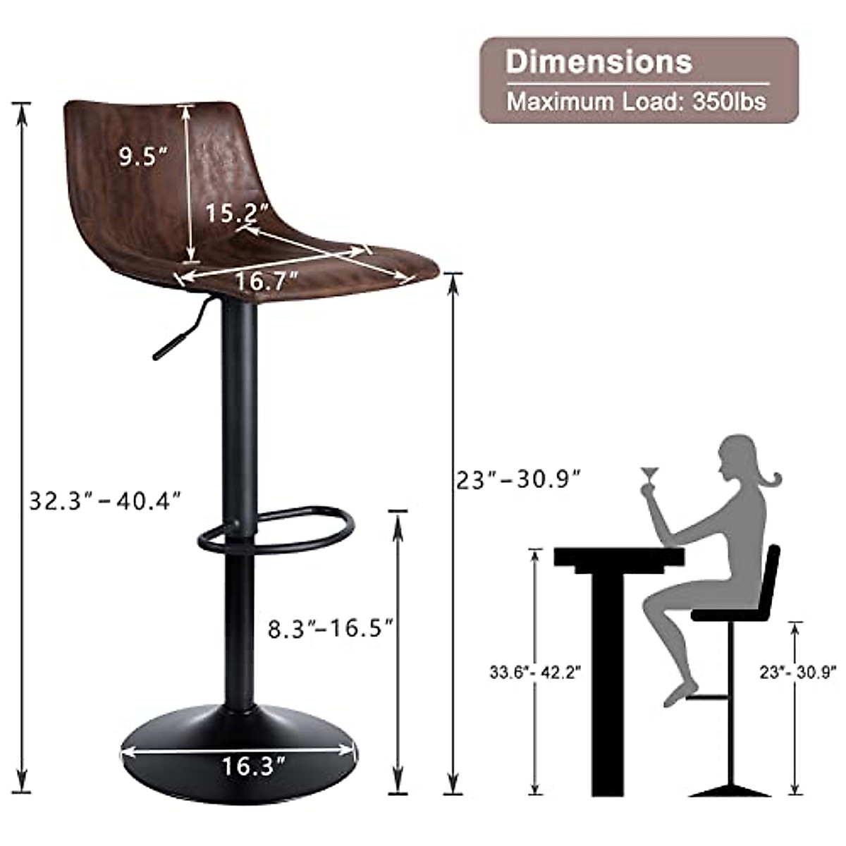 SUPERJARE Bar Stools Set of 4 - Adjustable Barstools with Back and Footrest, Counter Height Bar Chairs for Kitchen, Pub - Retro Brown