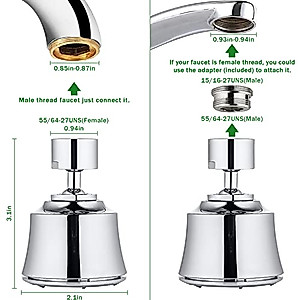 Houtingmaan Kitchen Sink Faucet Aerator with 2 Ball Joint, Big Angle Swivel Faucet Head Replacement with 4 Spray Models, 55/64-27UNS Famale Thread - Chrome
