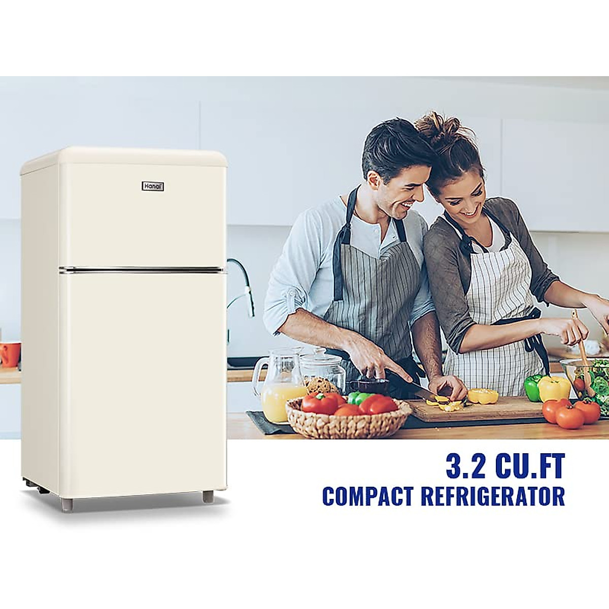 WANAI Mini Fridge Dual Door Refrigerator with Freezer, Compact Refrigerator with Adjustable Temperature & Removable Glass Shelves, Fridge for Apartment/Dorm/Office/Kitchen, Energy Saving White