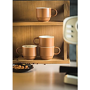 YHOSSEUN 11 Oz Coffee Mug Set Porcelain Stackable Mug with Stand and Metal Spoon - Tea Cups Demitasse Cups for Drinks, Espresso, Latte - Porcelain Stackable Coffee Mugs with Rack Set of 4, Brown