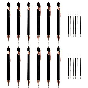 12 PCS 2 in 1 Stylus Ballpoint Pen with Stylus Tip, 1.0 mm Black Ink Metal Pen Stylus Pen for Touch Screens,12 Pens and 12 Refills (Rose Gold & Black)