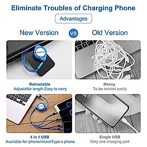 2 Pack 4 in 1 Multi USB Retractable Charger Cable,3A Multiple Charging Cord Adapter with Dual Phone/USB-C/Micro-USB Port Adapter, Fast Charging Compatible with Cell Phones Tablets Universal (2park)