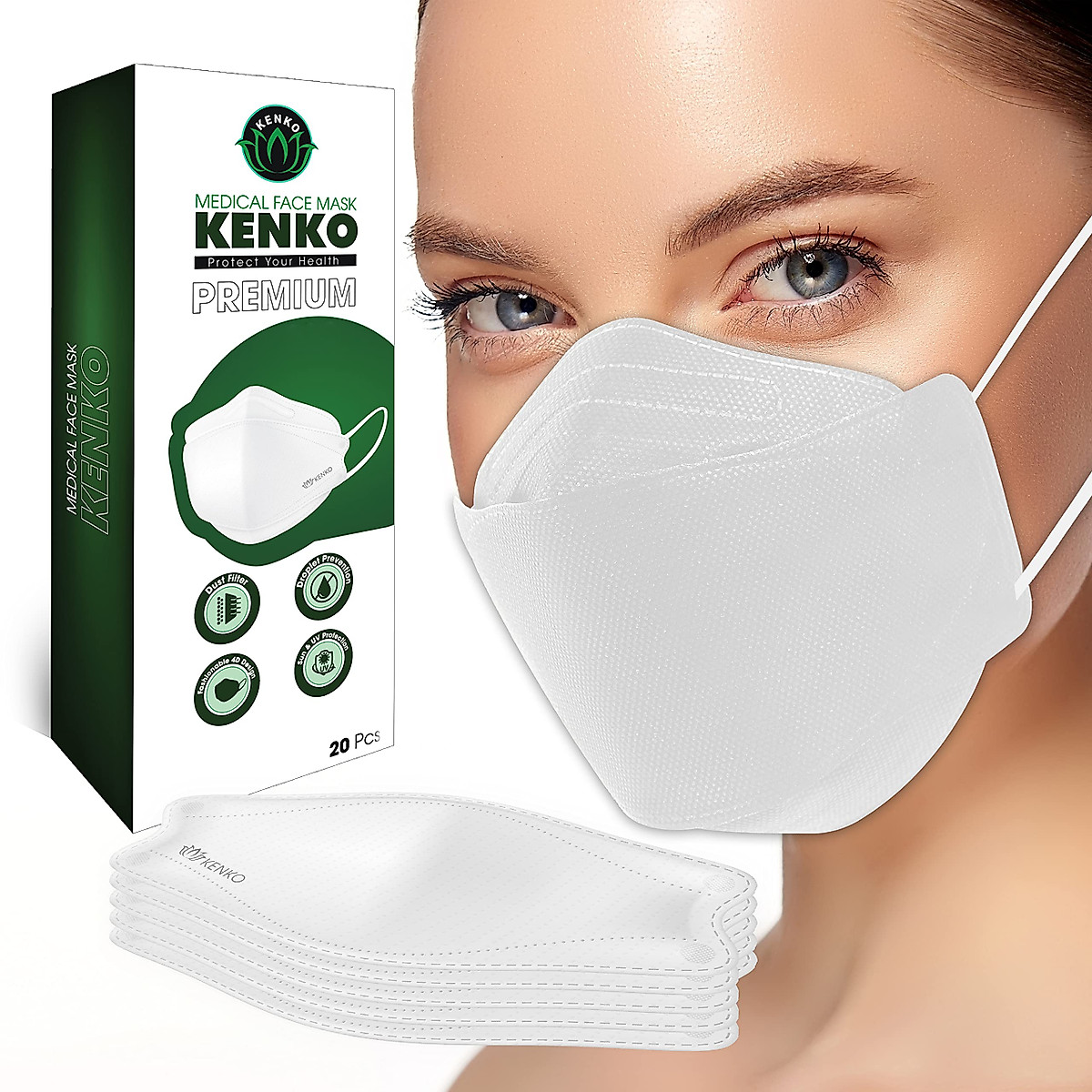 Kenko 4-ply MEDICAL, Level 2 ASTM F2100-19 passe Safety Face Mask (50, Black) Medical Fashionable 4-ply Disposable Safety Breathable White Elastic Ear Loops 4D Protection Mask (WHITE,20)