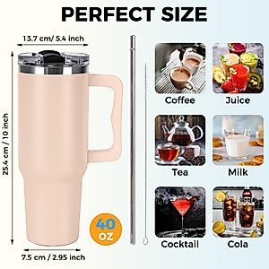 LATTPLYN 40 oz Tumbler with Handle and Straw Lid Insulated Cup Stainless Steel Water Bottle Travel Mug Gifts for Women Men Kids Trek Collection Thermoses Apricot