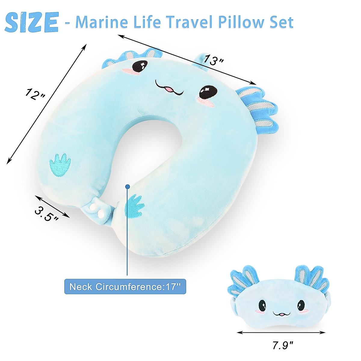Travel Pillow, Kids Travel Pillow with Sleep Eye Mask Soft Memory Foam Kids Neck Pillow for Boys & Girls, Travel Accessories for Car Airplane Traveling - Blue Axolotl
