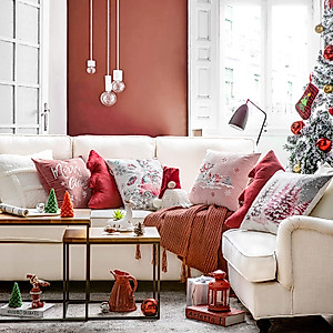 Phantoscope Set of 4 Merry Christmas Decorative Print and Embroidery Velvet Throw Pillow Covers Snowman, Star, Snowflake, Tree Cushion Cover, Pink, 18 x 18 inches, 45 x 45 cm