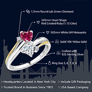 925 Sterling Silver and 10K Yellow Gold Red Created Ruby and Forever Classic Moissanite from Charles & Colvard 2 Heart Engagement Ring For Women (1.12 Cttw, Available In Size 5, 6, 7, 8, 9)
