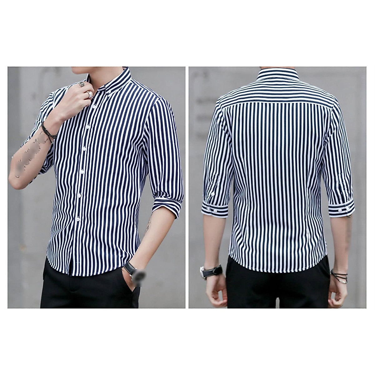 Men's Striped Button Down Shirts Casual Turn-Down Collar Slim Fit Shirts Classic Stylish Business Dress Shirts (Black,Large)