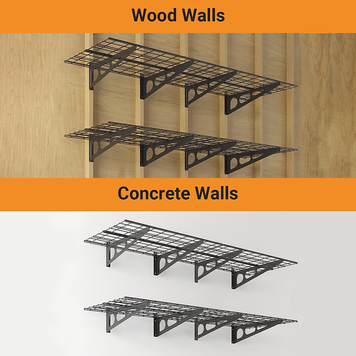 eShelf 2x6 ft Garage Shelving, 2-Pack Wall-Mounted Shelves for Garage, Kitchen, Pantry Storage, 800 lbs Total Load Capacity Gargae Wall Shelving, Black