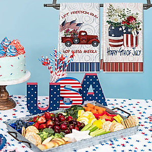 AnyDesign Happy 4th of July Kitchen Towel God Bless America Dish Towel 18 x 28in Patriotic American Flag Truck Flower Vase Hand Drying Tea Towel for Independence Day Memorial Day Cooking Baking, 2Pcs