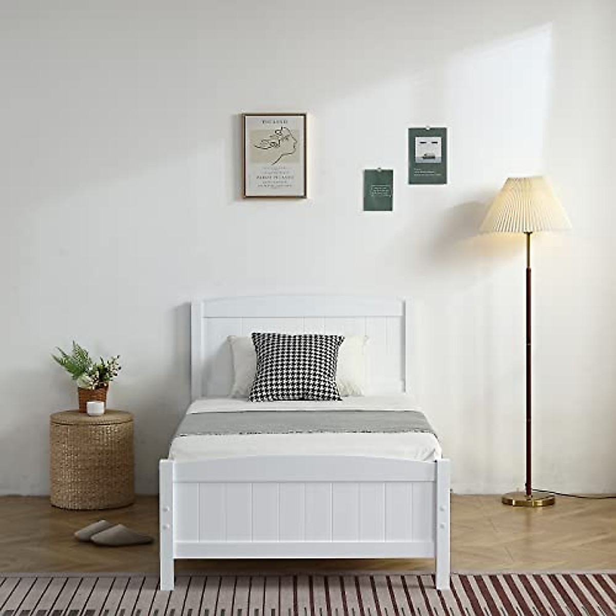 TOVRON Wood Bed Frame Twin Size with Curved Headborad and Footboard White Platform Bed with Wood Slat Single Panel Bed with Extra Support, No Box Spring Needed