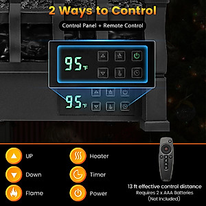 Tangkula 26” Electric Fireplace Log Set Heater with Remote, 5 Flame Modes & Brightness, Thermostat Control, 8H Timer, Realistic Lemonwood Ember Bed, Infrared Quartz Electric Fireplace Insert, 1500W