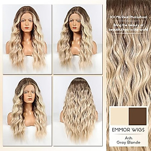 EMMOR Long Ombre Blonde Lace Front Wig for Women,25 Inch Natural Wavy Daily Hair Synthetic Lace Wigs Middle Part,Hand Tied/Longlife/Lightweight