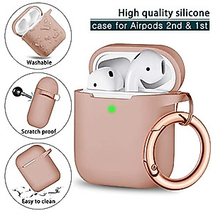 R-fun AirPods Case Cover with Rosegold Keychain, Silicone Protective Skin Cover for Women Girl with Apple AirPods Series 2 & Series 1 Charging Case,Front LED Visible-Milk Tea