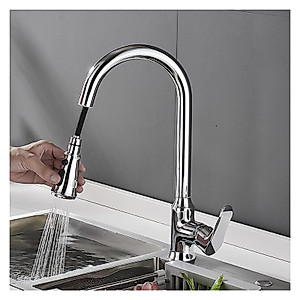 JEMITA Brushed Nickel Kitchen Faucet Single Hole Pull Out Spout Kitchen Sink Mixer Tap Stream Sprayer Head Chrome/Black Mixer Tap (Color : Black)