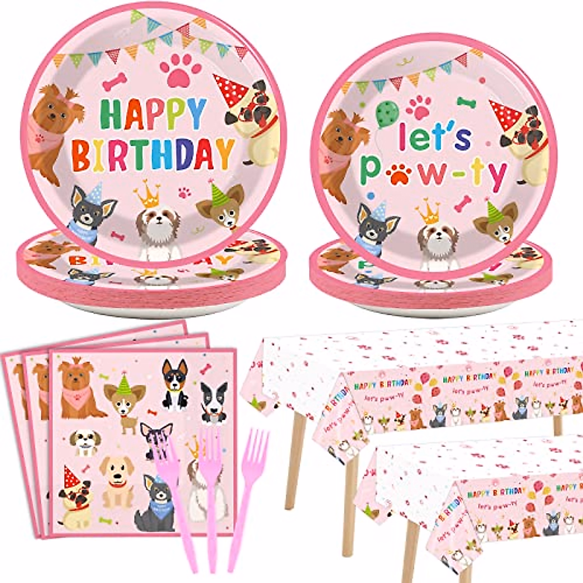 98pcs Dog Birthday Party Decorations Puppy Tableware Set Plates Napkins Pink Dog Theme Tablecloth for Girls Birthday Lets Pawty Party Supplies Kit Pet Dog Table Cover Dinnerware Paw Print Party Favors
