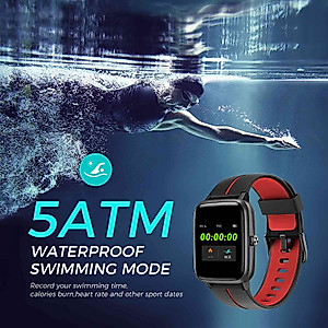 Smart Watch, Built-in GPS Fitness Tracker with All-Day Heart Rate and Activity Tracking* Monitoring, Full Touch Screen Fitness Watch, 14 Sport Modes, 5ATM Waterproof Men and Women (Black + Red)