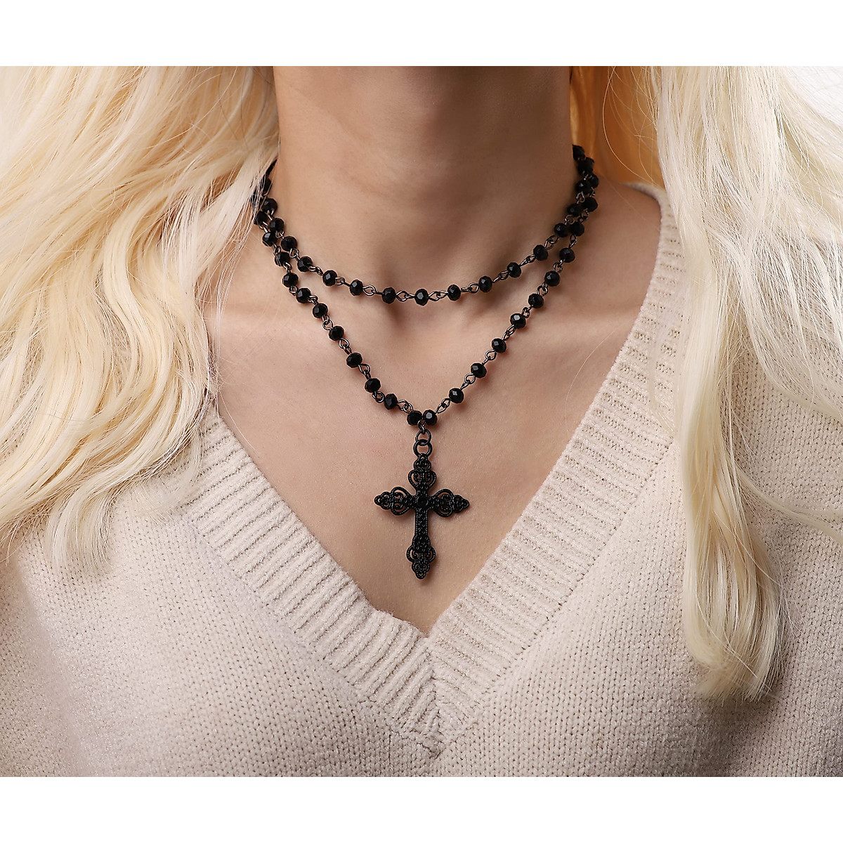 Sacina Gothic Layered Cross Necklace, Zinc Alloy Black Bead Cross Choker Necklace, Halloween Goth Jewelry Gift for Women (Layered Bead Cross)