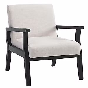 HNY Mid Century Armchair with Black Wood Frames, Linen Upholstered Living Room Arm Chair, for Living Room, Bedroom, Ivory