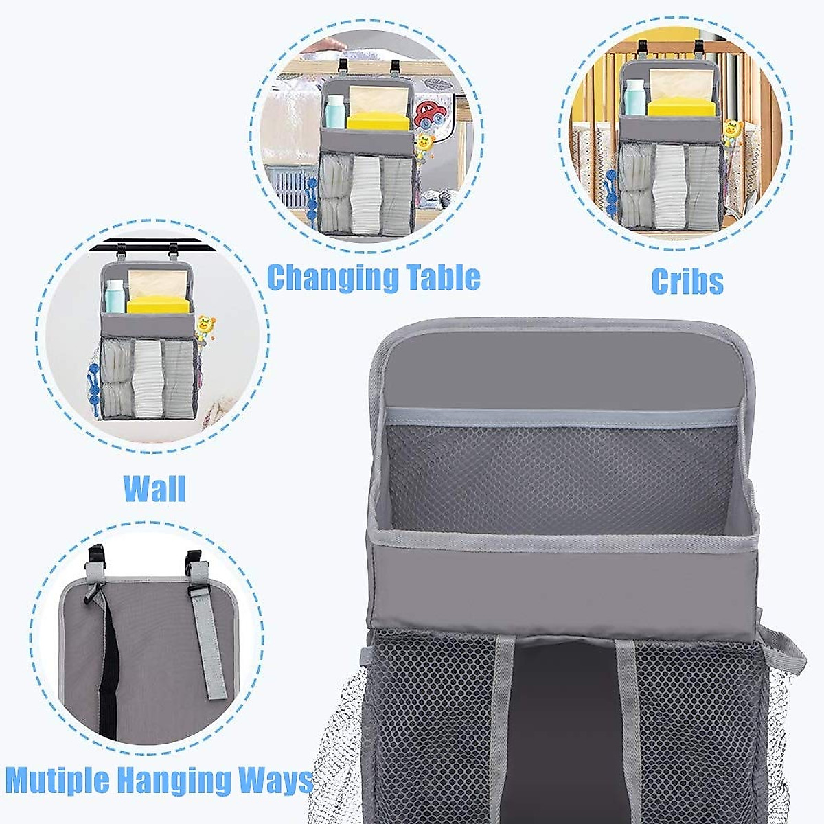 Hanging Baby Diaper Caddy Organizer For Crib Changing Table Or Wall Nursery Organizer Infant Newborn Baby Playard Diaper Organizer Storage Baby Essentials Grey