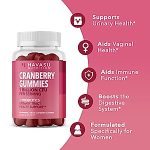 Probiotic Cranberry Gummies for Women - Urinary Tract Health and pH Balance - 1 Billion CFU of Lactobacillus for Bladder Support and Vaginal Wellness - Cran-Raspberry Flavor, 60 count, 1-Month Supply