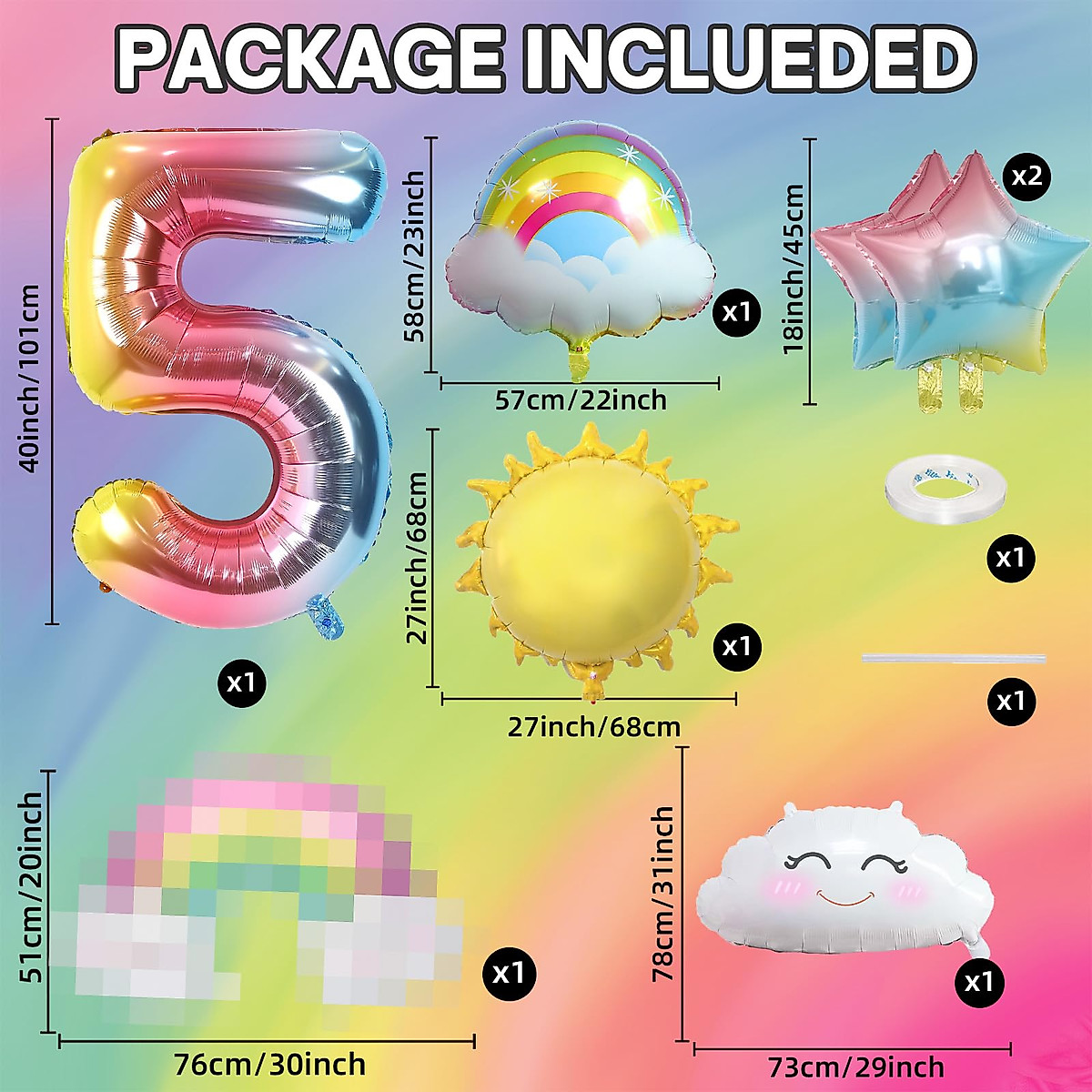 5th Birthday Decorations Girl, 5th Rainbow Birthday Balloons Set with Sun Rainbow Gradient Stars and 40 Inch Number 5 Foil Balloon for Rainbow Theme Girls 5th Birthday Party Decoration Supplies