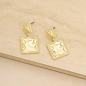 Ettika Gold Earrings. Earrings For Women, 18k Gold Plated Textured Repeated Squares Drop Earrings. Jewelry