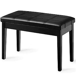 GOFLAME Piano Bench with Padded Cushion and Music Storage, Comfortable Double Duet Seat with PU Leather and Wooden Legs, Perfect for Professional or Home Use (Black)